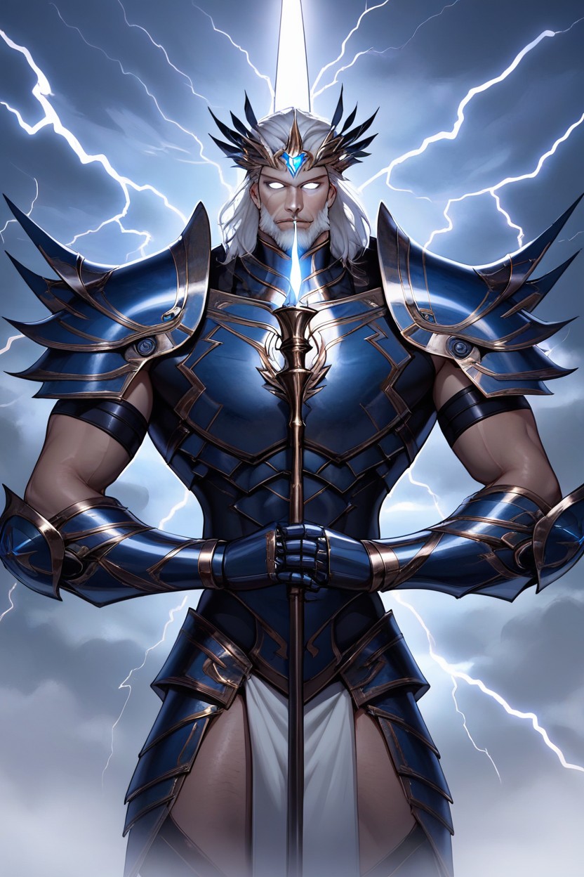 Zeus Wears Futuristic Armor, Thunderstorms In The Background, White ...